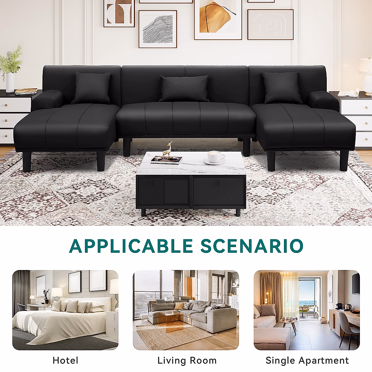 YITAHOME Sectional Couches for Living Room, U Shaped Sofa Faux Leather Modern Couch with USB & Type C Charging Ports Double Chaise and Comfy Upholstered, Black