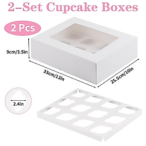 Svalor Cupcake Boxes, 2 Pack Disposable Cupcake Containers, Food Grade Cupcake Carrier 12 Count with Window and Inserts, Cupcake Transport Holders Bulk for Muffins Cookies Treats Dessert（White）