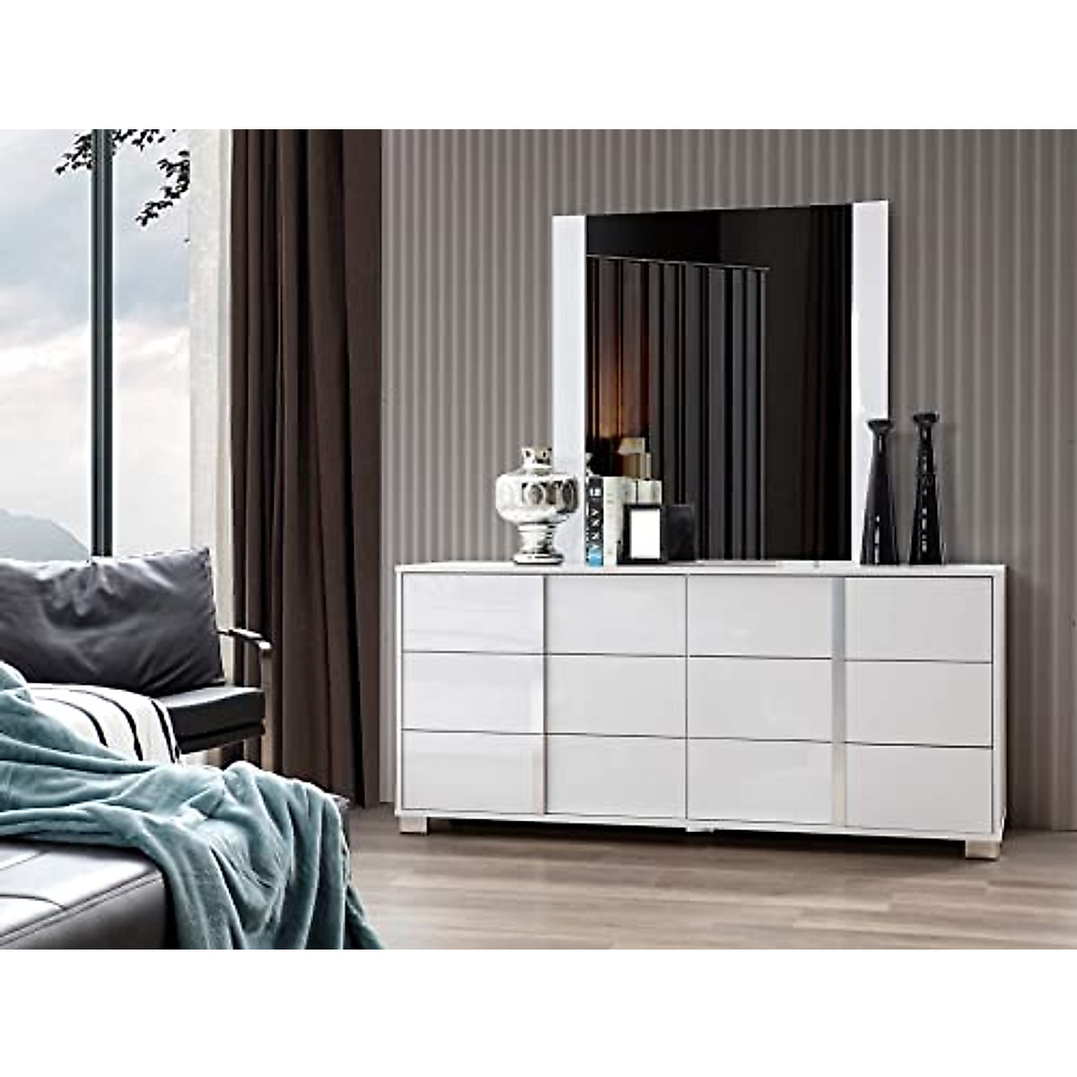 KANSOLE Roma Glossy Dresser & Mirror, White
