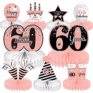 9 Pieces Rose Gold 60th Birthday decorations for Women Pink 60th birthday centerpieces for Tables Decorations Cheers to 60 Years Honeycomb Table Topper Happy 60th Birthday Decorations for Woman Sixty Years Birthday Party