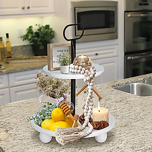 Farmhouse Tiered Tray Decor 2 Tier Tray with Handle, Wood Serving Tray for Kitchen Coffee Bar Table, Dessert Table Display Tray Cupcake Stand Perfect for Wedding Party Home Decor Display