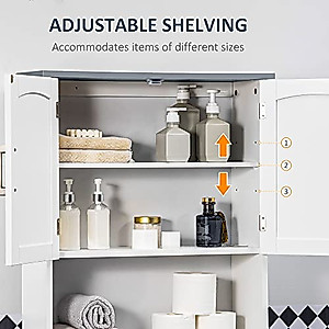 kleankin Modern Over The Toilet Storage Cabinet, Double Door Over Toilet Bathroom Organizer with Adjustable Shelf and Open Shelf, Grey