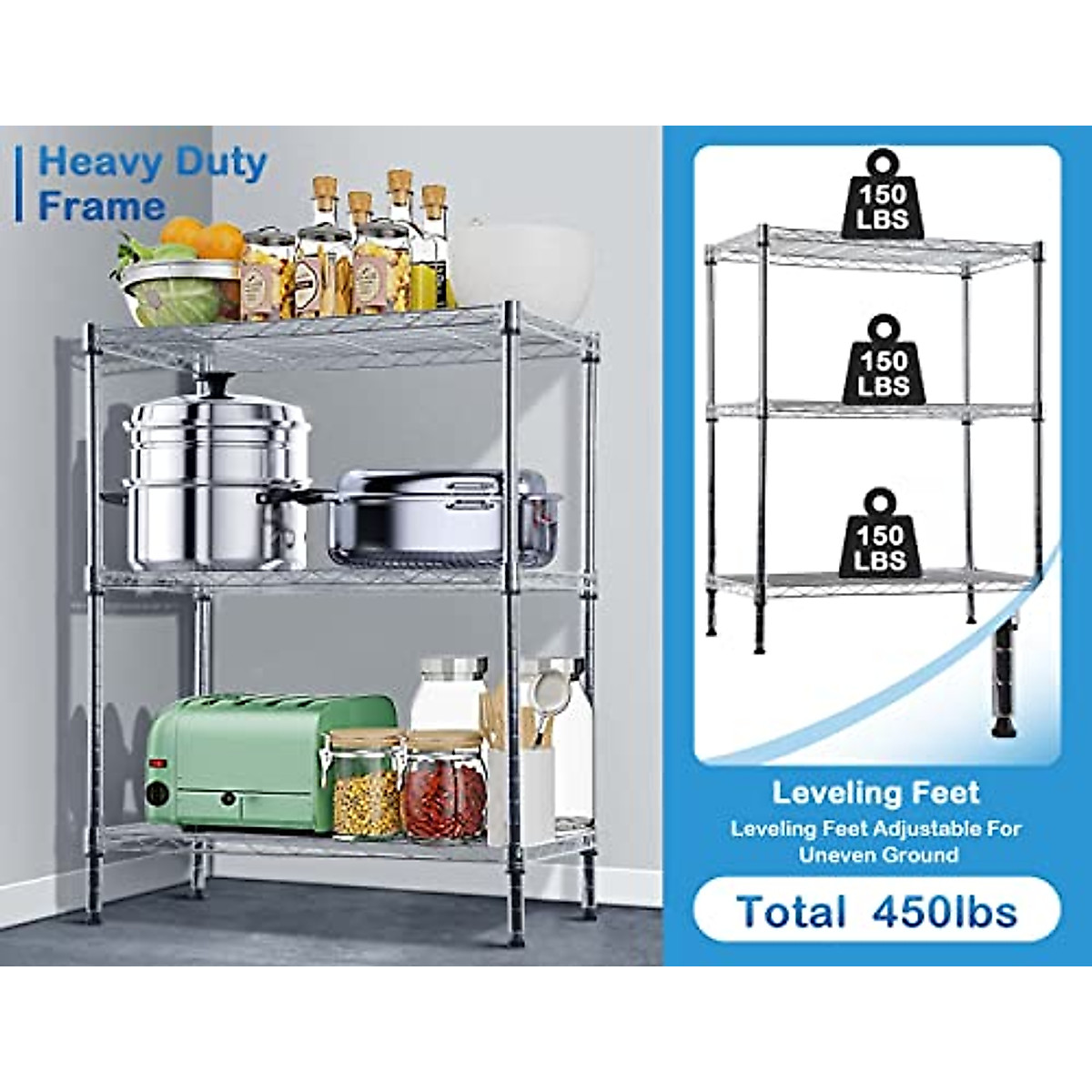 3-Tier Metal Shelving Adjustable Height 450Lb Capacity Small Wire Shelving Unit Solid Steel Storage Shelves Commercial Storage Rack for Kitchen Office Pantry Laundry (Chrome, 24"Lx14"Wx30"H)