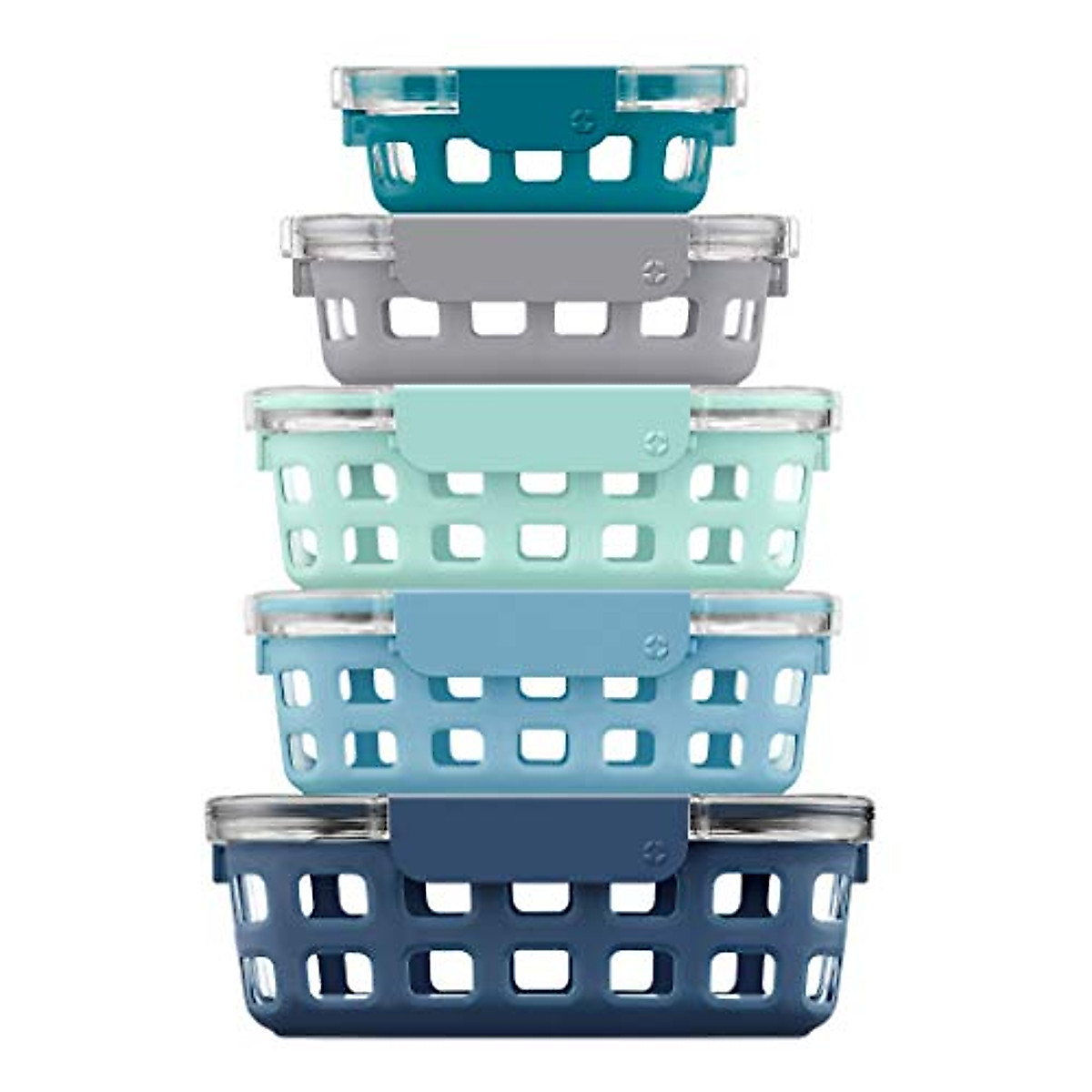 Ello Duraglass Glass Food Storage Mixed Set - Glass Food Storage Bowls with Silicone Sleeve and Airtight Durable Tritan Lids, 10 Piece 5 Pack, Blue La La