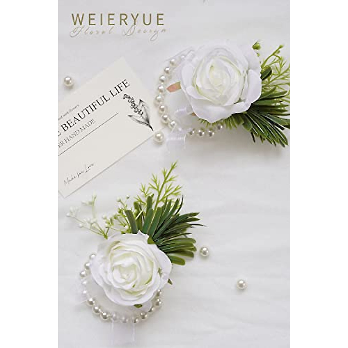 WEIERYUE White Rose Wrist Flowers and Men's Corsage Wedding Flowers Ceremony,2Pcs Boutonniere Buttonholes and Wrist Corsage Wristband Roses Wrist Corsage(White Rose Set)