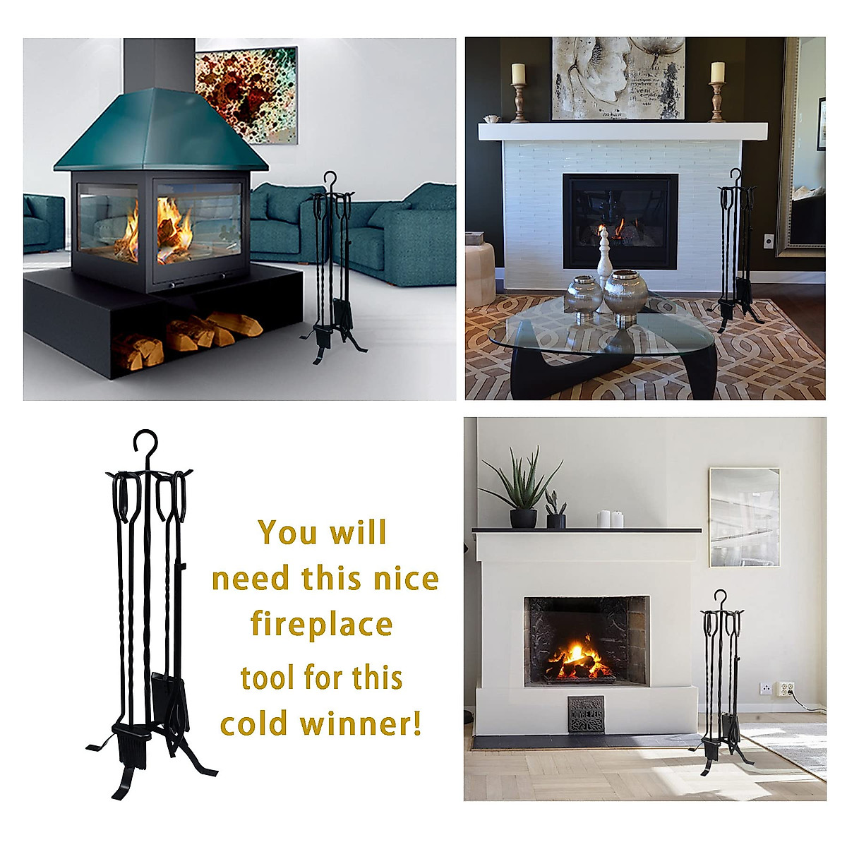 yinat Fireplace Tools Set, 5 Pieces of Fire Pit Tools,Firewood Holder Tools Kit Sets with Handles,Outdoor Accessories Kit,Black,Wrought Iron