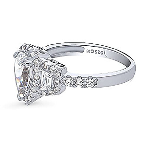 BERRICLE Sterling Silver 3-Stone Wedding Engagement Rings Pear Cut Cubic Zirconia CZ Halo Ring for Women, Rhodium Plated Size 7