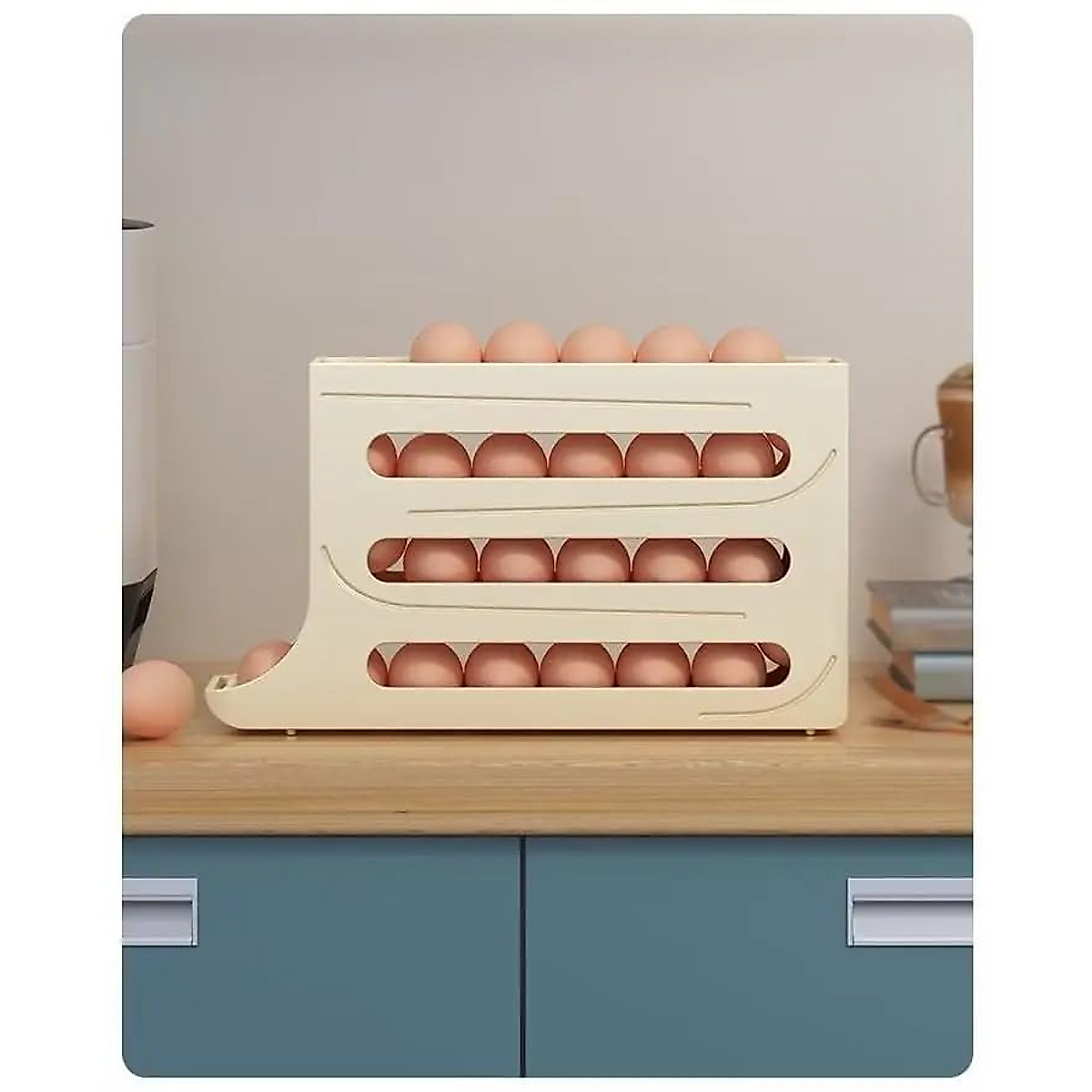 Egg Holder for Fridge - Auto Rolling Fridge Egg Organizer, Space-Saving Egg Dispenser Holder, 30 Eggs, 4 Tiers Fridge Egg Rack Large Capacity Egg Dispenser for Refrigerator (Beige)