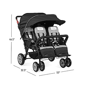 Gaggle by Foundations Compass Quad 4 Seat Stroller | 4-Seat Stroller for Daycare | 4-Seat Quad Stroller with Oversized UV Blocking Canopy | 5-Point Harness | Easy Loading | Storage Bucket | Black