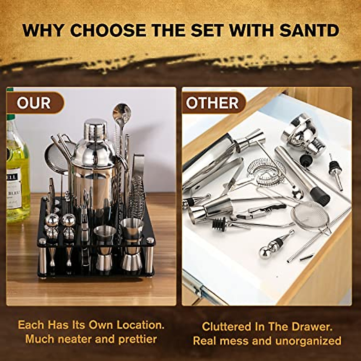 KINGROW Mixology Cocktail Shaker Set - Complete 29-Piece Bartender Kit and Bar Tools with Acrylic Rotating Stand, Professional Bar Set for Drink Mixing, Home, Bar, Party (Sliver)