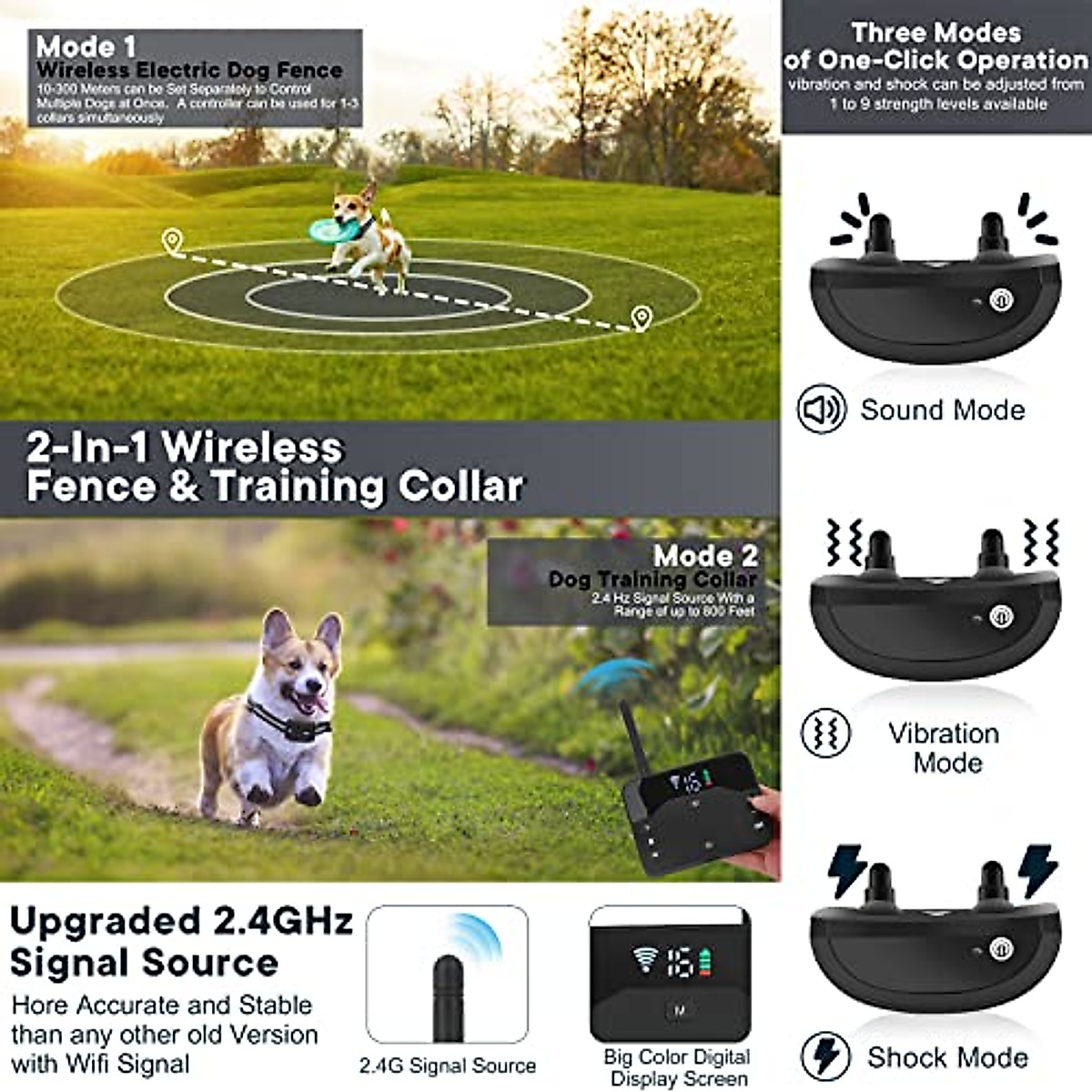 AICSDCO Wireless Dog Fence System,2023 Electric Fence & Training Collar for Dogs, 2 in 1 Pet Containment Fence and Safety Latch Dog Collar for Small,Medium,Large Dog for The Yard