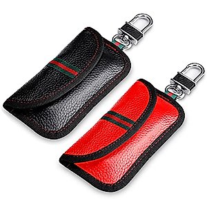 VAWcornic 2 Pack Faraday Bag for Car Key Fob, Genuine Leather Car Key RFID Signal Blocking Pouch Keyless Signal Block Key Case for Car Security Anti-Theft Remote Entry Smart Fob Protection – Black+Red