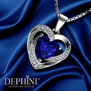 DEPHINI - Blue Heart Necklace - 925 Silver Heart Pendant with White CZ & Blue Birthstone Embellished with Branded Crystal for Women, 18" Sterling Silver Chain + Jewellery Box, Gifts for Women
