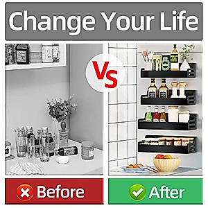 ZACELOVE 4 Pack Magnetic Spice Rack for Refrigerator,Magnetic Refrigerator Organizer, Strong Magnetic Fridge Shelf, Rustproof Side Fridge Storage Rack for Kitchen,Metal Black