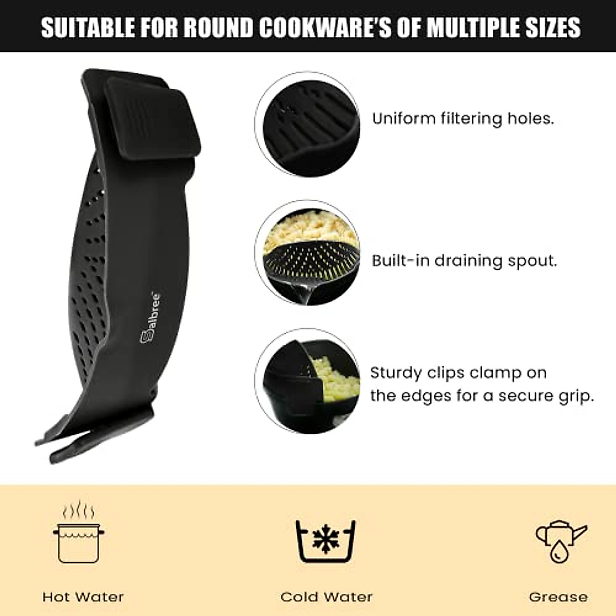 Clip On Kitchen Food Strainer for Spaghetti, Meat, Pasta, & Ground Beef Grease, Colander & Sieve Snaps or Clips Onto Bowls, Pots & Pans Includes Silicone Drainer, Brush & Garlic Peeler (Black)