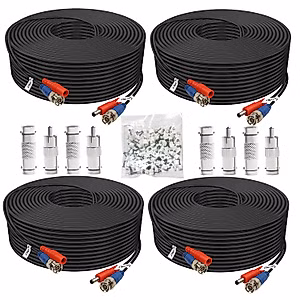 BNC Cable 200ft 4 Pack Aimyzii BNC Video Power Cable,Security Camera Cable for CCTV Camera DVR Security Systems(Included 8X BNC Adapters,100 Pcs Cable Clips)-Black