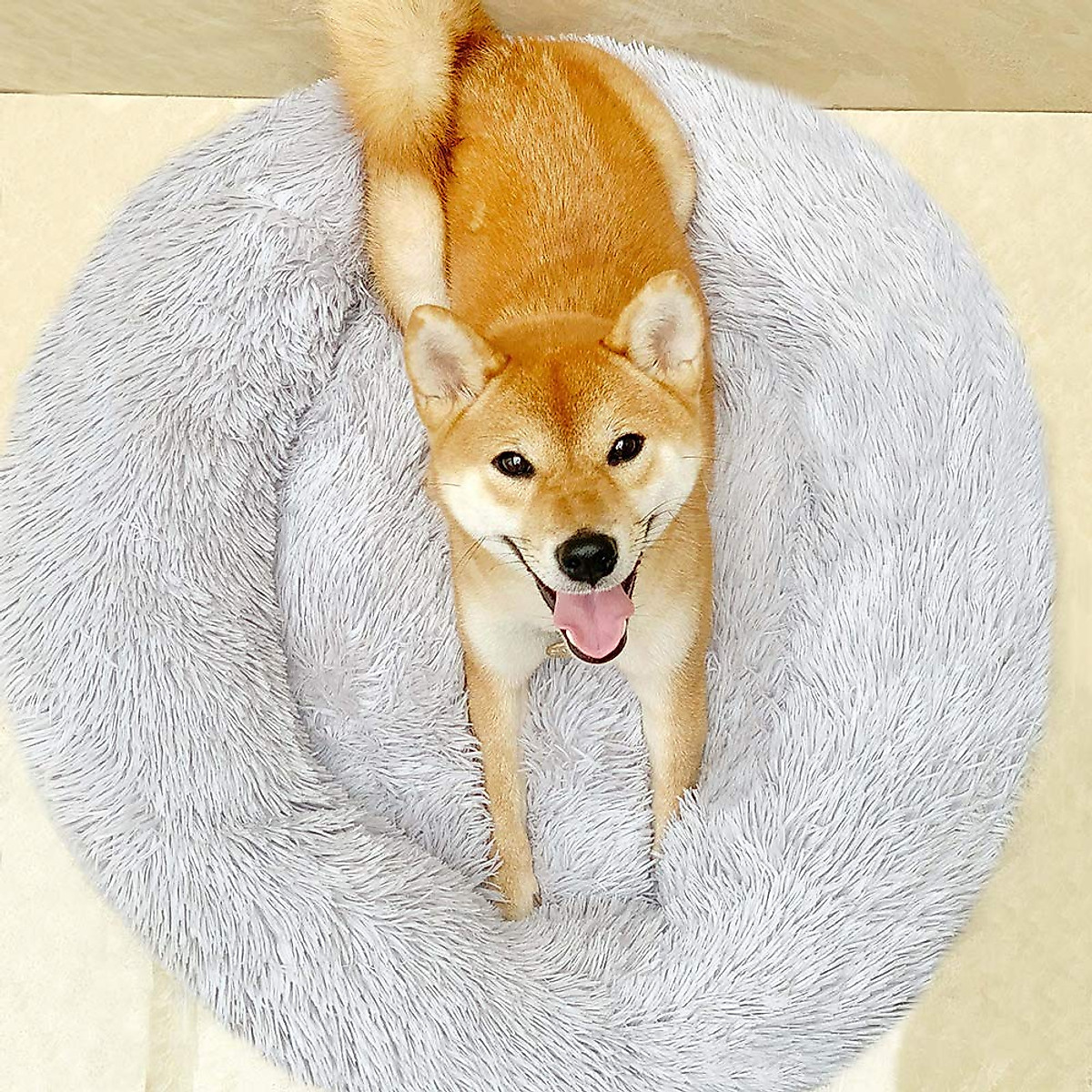 BODISEINT Faux Fur Dog Bed Cat Bed,Shag Round Anti-Anxiety Pet Calming Bed Doughnut Cuddler for Medium Large Puppy Dog Cat Kennel Cushion Self Warming Bed (28'' D x 8" H, Light Grey)