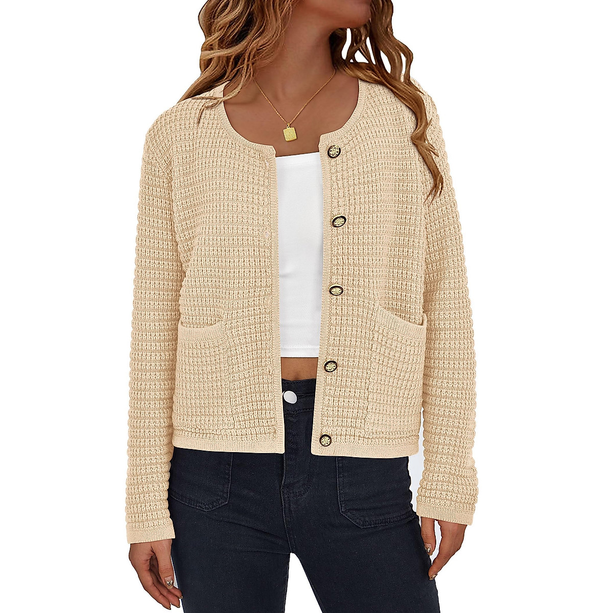 PRETTYGARDEN Women's Knit Cardigan Sweaters Fall Fashion Long Sleeve Open Front Button Down Trendy Casual Sweater Jacket (Beige, Large)
