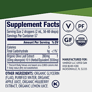 Vimergy Organic Olive Leaf Extract, 57 Servings – Pure Olive Leaf Liquid Drops – Supports Immune and Cardiovascular Health - USDA Organic, Gluten-Free, Non-GMO, Vegan & Paleo Friendly (115 ml)