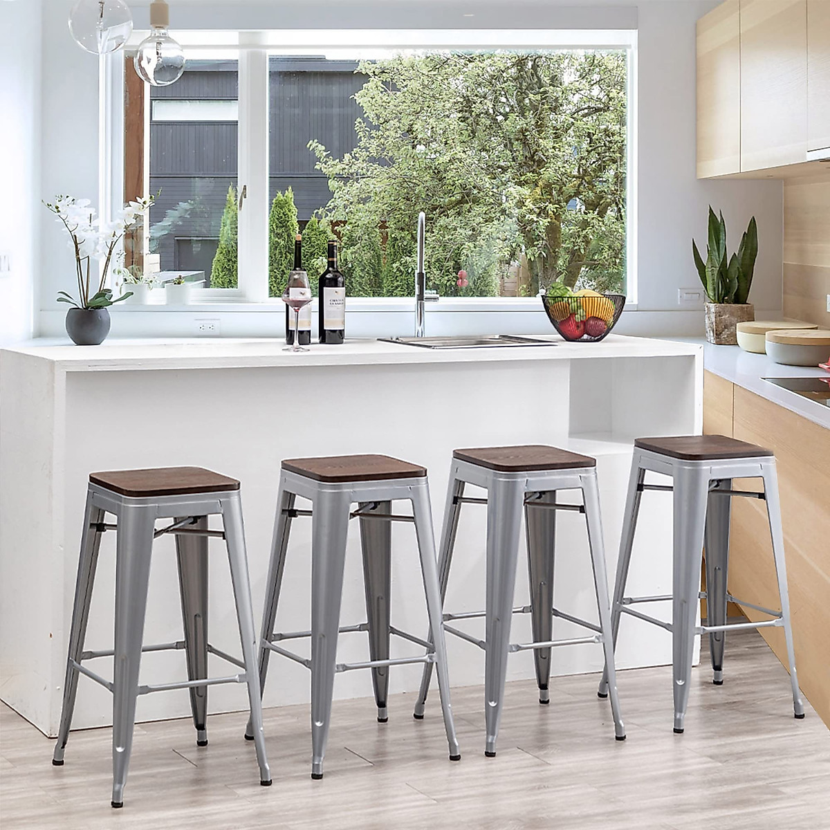 Alunaune 24" Metal Counter Height Bar Stools Set of 4 Industrial Backless Kitchen Patio Counter Stool Stackable Barstools Wood Top- 24inch, Silver