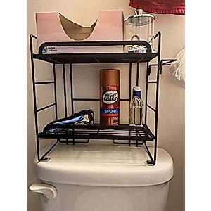 Over The Toilet Storage Shelf, Over-the-toilet Storage Rack, Over Toilet Bathroom Organizer Adhesive Wall Hanging Shelves with Toilet Paper Holder&Hooks, Space Saver for Small Room (2-Tier, Black)