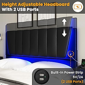AOGLLATI Queen Bed Frame with Headboard and 4 Storage Drawers, Platform Bed Frame Queen Size with Led Light & 2 USB Ports, Queen Size Bed Frame with Wooden Slats Support, No Box Spring Needed