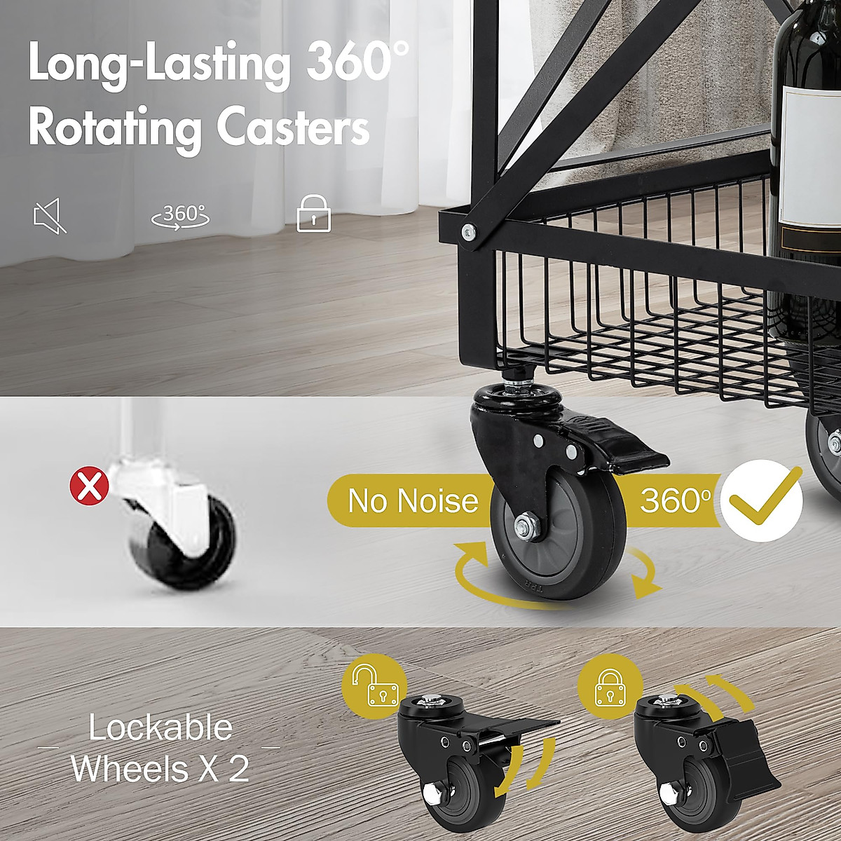 Gurblofy Bar Cart, Foldable Serving Cart for Home, Bar Cart with Wheels, Black Bar Cart with Glass Holder and Wine Rack, Indoor & Outdoor Kitchen, Dining Room, Patio, Party Cart, GBBC-B