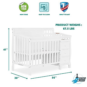 Dream On Me Jayden 4-in-1 Full Panel Mini Convertible Crib and Changer in White, Non-Toxic Finish, Made of Solid Pinewood, 3-Position Mattress Support System, Comes with 1'' Changing Pad