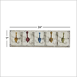 Deco 79 Wood 5 Hangers Wall Hook with Multi Colored Hooks, 24" x 4" x 7", White