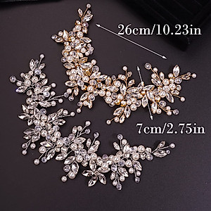 Teyglen Rhinestones Pearl Crystal Large Headband Hair Vine Bridal Flower Headband Wedding Hair Accessories Hair Piece Gold Headpieces for Women(Gold)