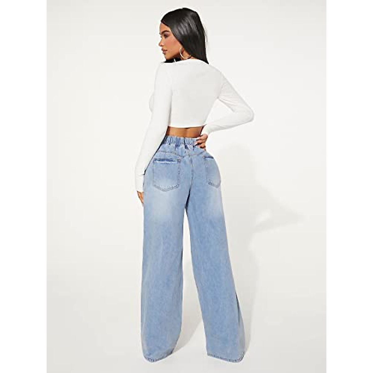 Floerns Women's Drawstring Waist Cut Out Ripper Wide Leg Denim Pants Jeans Light Blue M