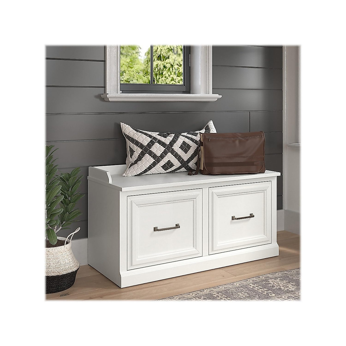 Bush Furniture Woodland 40W Shoe Storage Bench with Doors in White Ash | Footwear Organizer for Home Entryway, Mudroom, and Foyer
