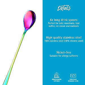 GRÄWE Long Handle Iced Tea Spoon, Coffee Spoon, Ice Cream Spoon, Spoons for desserts, Stainless Steel, Cocktail Stirring Spoons, Set of 6, Dishwasher Safe, Rainbow