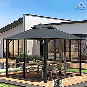 CASAINC Hardtop Gazebo 10x12 FT, Hardtop Gazebos with Double Roof, Aluminum Frame Permanent Outdoor Canopy, Patio Gazebo with Mosquito Netting for Patio Lawn Garden