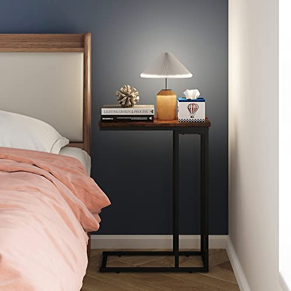 Yusong Small C Shaped End Table, Slim Couch Side Tables Slide Under Sofa Bed, Skinny Snack Tray Table for Coffee Laptop in Living Room,Easy Assembly, Rustic Brown