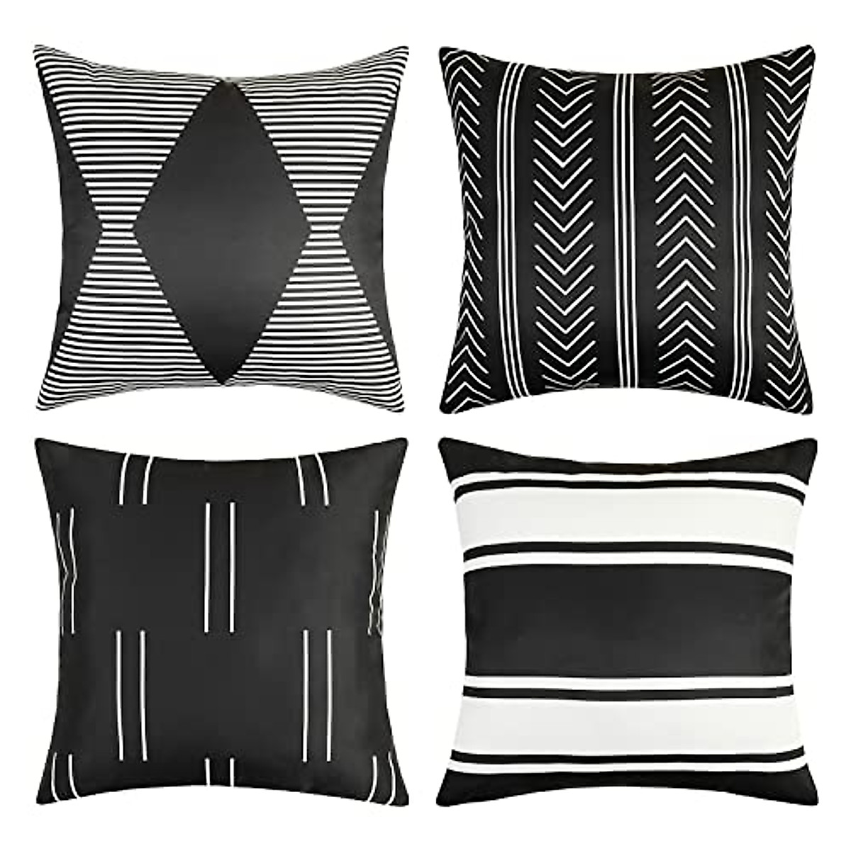Adabana Set of 4 Outdoor Waterproof Throw Pillow Covers 18x18 Boho Decorative Pillows Case for Patio Furniture Garden(Black-Geometric)