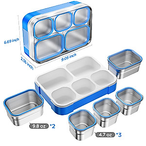 Lunch Box Stainless Steel Bento for Kids Adults Leakproof BPA-Free with Lunch Bag Metal Lunch Containers Tray 5-Compartment with Fork for Boy Food Snack Containers for School Outdoors Navy-Blue