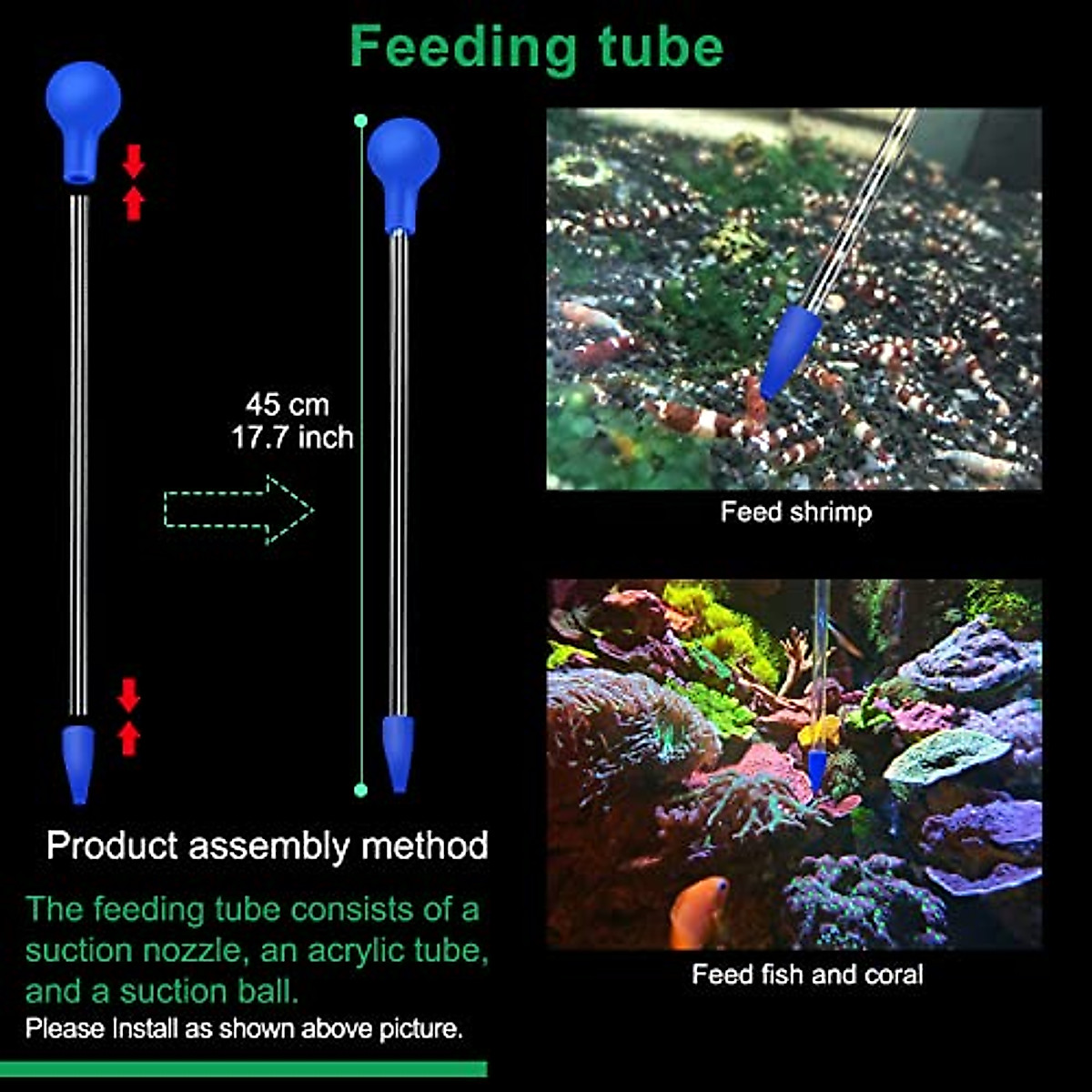 11.8 Inch Shrimp Feeding Tube with Shrimp Feeding Dish，Shrimp Feeding Bowl with Suction Cup，Feeding Tube Cleaning Brush，Aquarium Feeder with Bulb，Feeding Ring，Aquarium Sucker Feeding clamp,Fish net