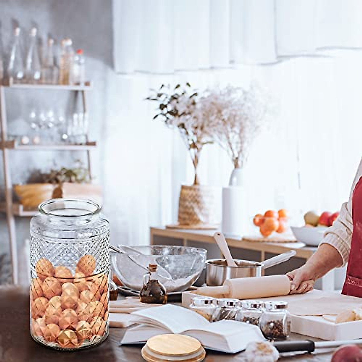 1 Gallon Cookie Jar, Wide Mouth Large Glass Jars with Bamboo Lid, Airtight Storage Food Kitchen Counter Containers for Candy, Flour, Oats, Coffee Bean, Pet Treats, Laundry Pods, Laundry Detergent