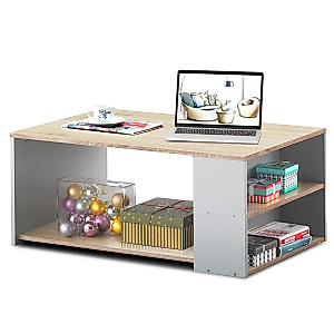 Giantex Coffee Table W/Three Storage Shelf, Sturdy and Durable Construction, Smooth Surface & Extra Storage Space, Ideal for Office and Living Room Tea Snack Table (Natural)