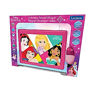 LEXIBOOK JC598DPi1 Disney Princesses Educational and Bilingual Laptop French/English with 124 Activities: Mathematics, Dactylography, Logic, Clock Reading, Play Games and Music
