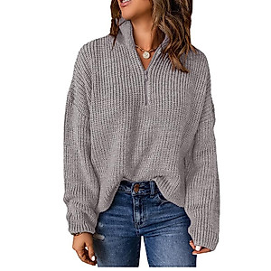 EVALESS Sweaters for Women Cable Knit Long Sleeve Tops Quarter Zip Pullover Sweater for Women Dressy Casual Fall Outfits Trendy 2024 Winter Work Clothes Sexy V Neck Oversized Gray Sweater，Small