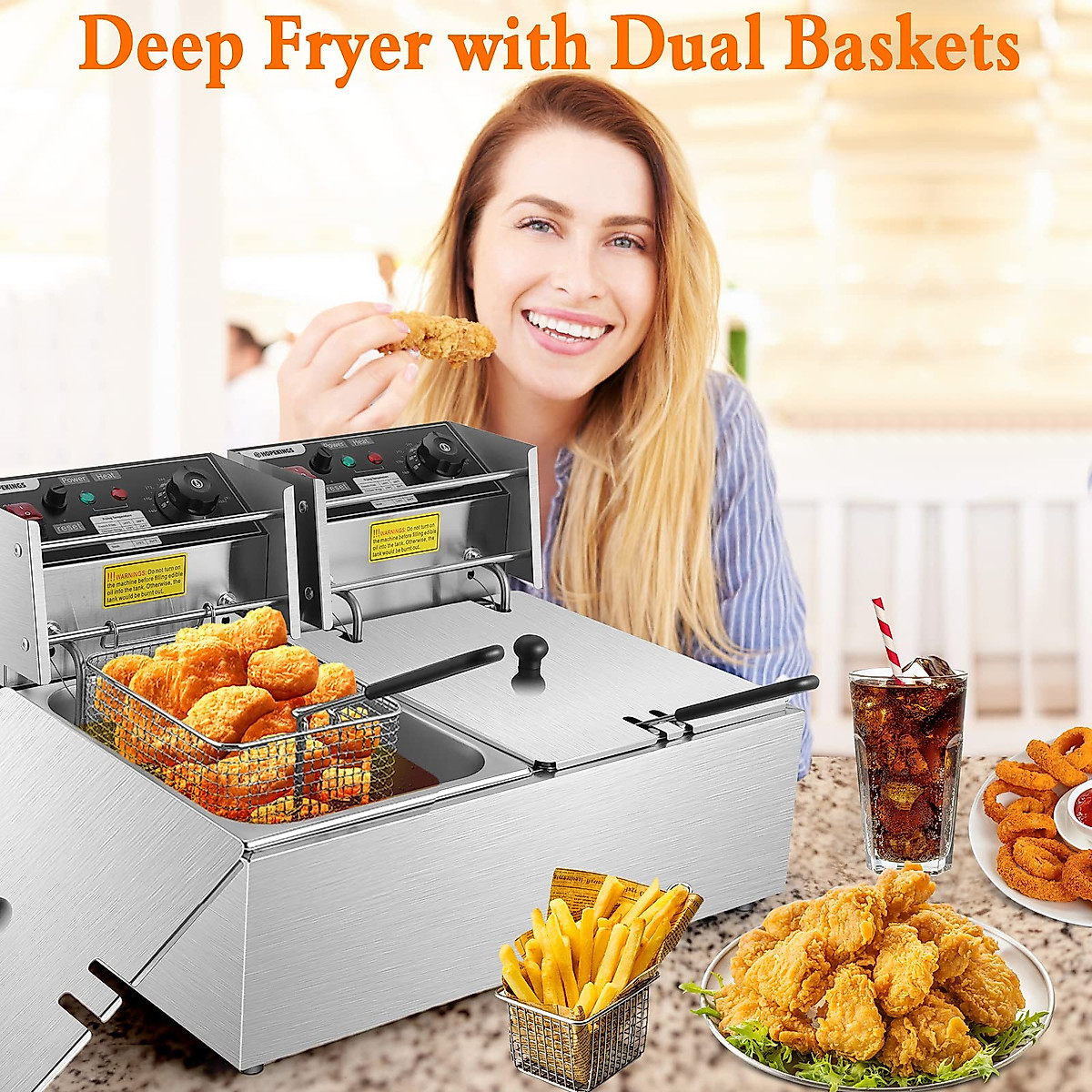 20.7 Qt Professional Deep Fryer with 2 x 6L Baskets, Large Electric Commercial Deep Fryer for Kitchen Restaurant Home Use, Countertop Dual Tank Deep Fryer for Turkey Chicken Fish Oil Less Deep Fryers