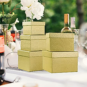 PAPER FAIR 5PCS Bright Gold Glitter Nesting Gift Boxes Set, Flat Square Cardboard Storage Organizer Keepsake Box with Lid Durable Reusable, for Gift Wrapping Holiday Present Christmas Birthday, Assorted Size