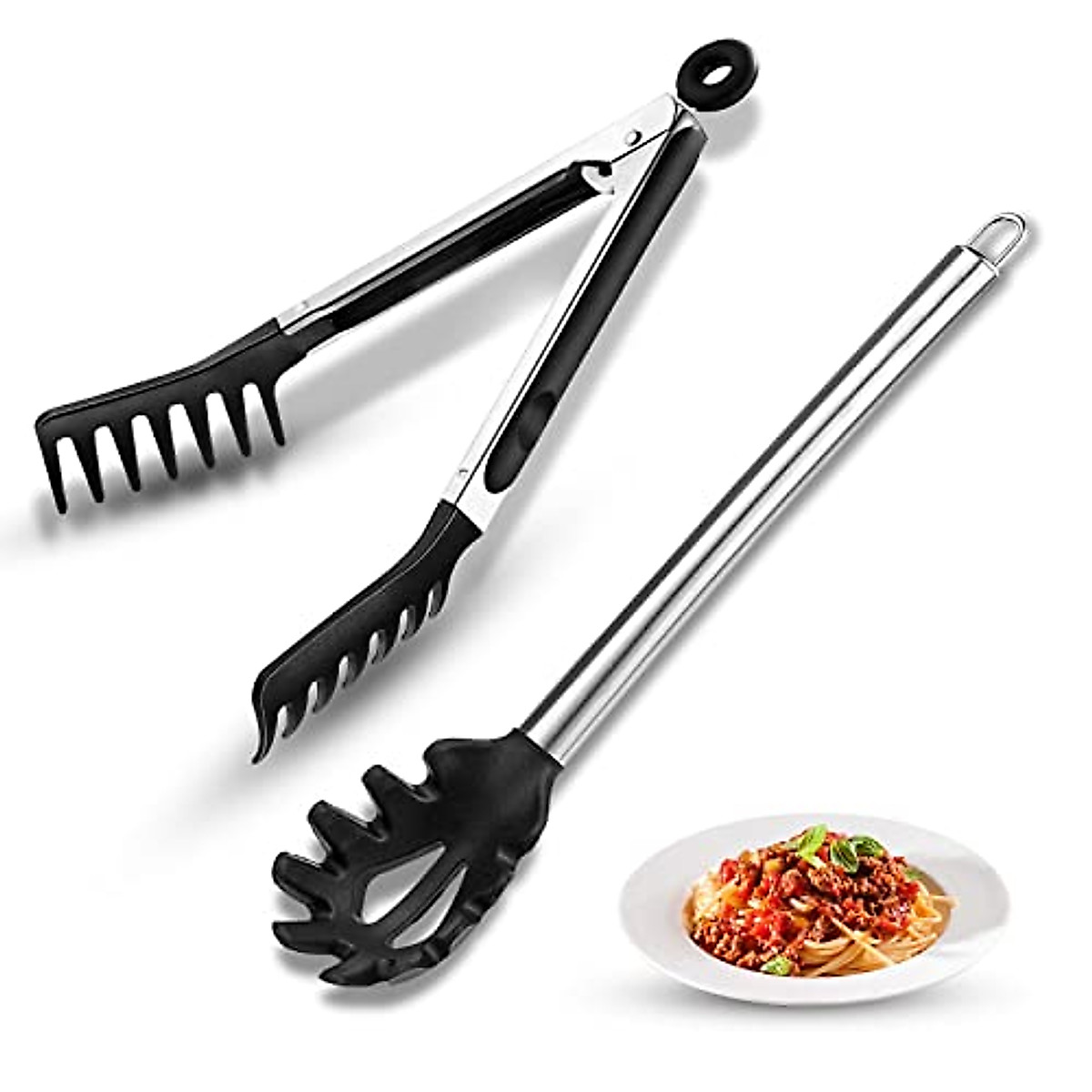 2 Pieces Spaghetti Spoon and Pasta Tong,Non-stick 13-Inch Silicone Spaghetti Fork and 9.8-Inch Stainless Steel Handle Spaghetti Tong Food Clip for Spaghetti Noodle