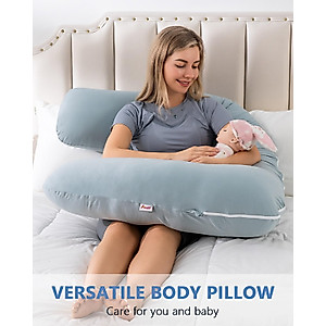 AngQi Body Pregnancy Pillow,L-Shaped Pregnancy Pillow for Side Sleepers,Maternity Body Pillow with Jersey Cotton Cover, Light Green