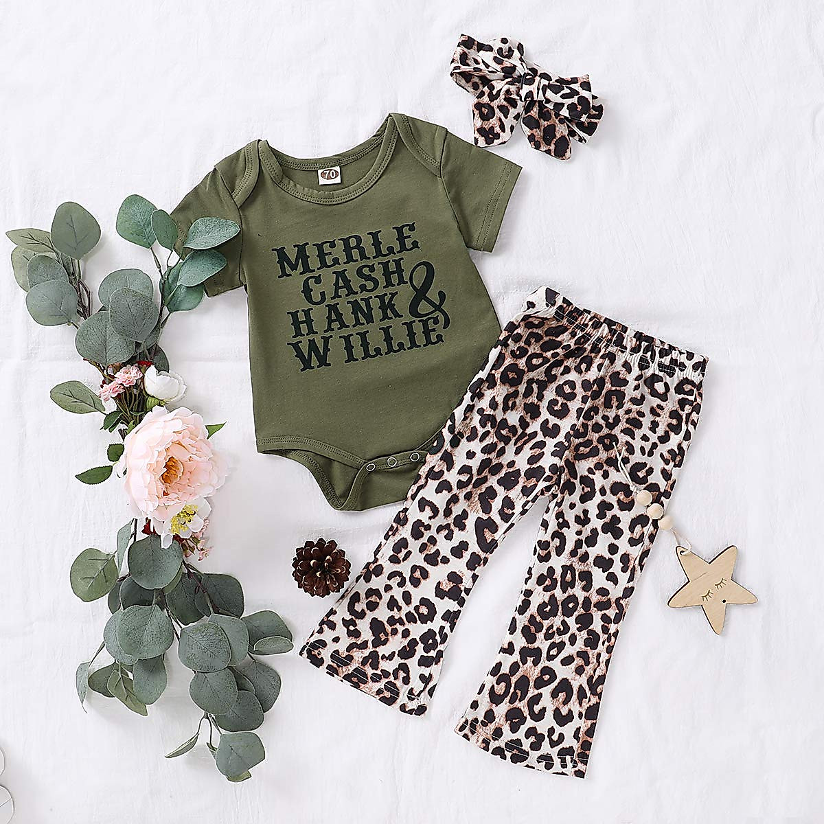 Happy Town Toddler Girls Baby Girls Leopard Sets Long Sleeves Romper +Flare Pants Infant Winter Fall Outfit (short sleeve sets, 3-6 Months)