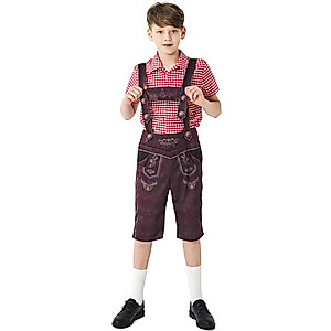German Bavarian Oktoberfest Costume, Kids Toddler Boys Oktoberfest Costume Lederhosen Shorts German Bavarian Set Halloween Dirndl Beer Festival Dress Up Outfit Photoshoot Birthday Red 8-10 Years