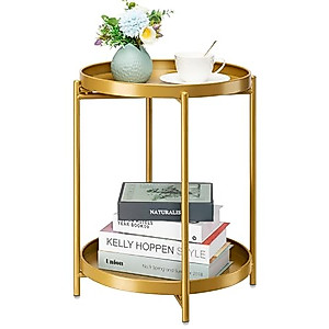 danpinera 2-Tier End Table, Outdoor Side Table Metal Round Side Table with Removable Tray, Small Folding Accent Table, Anti-Rust Nightstand for Bedroom Balcony Patio Living Room (Gold)