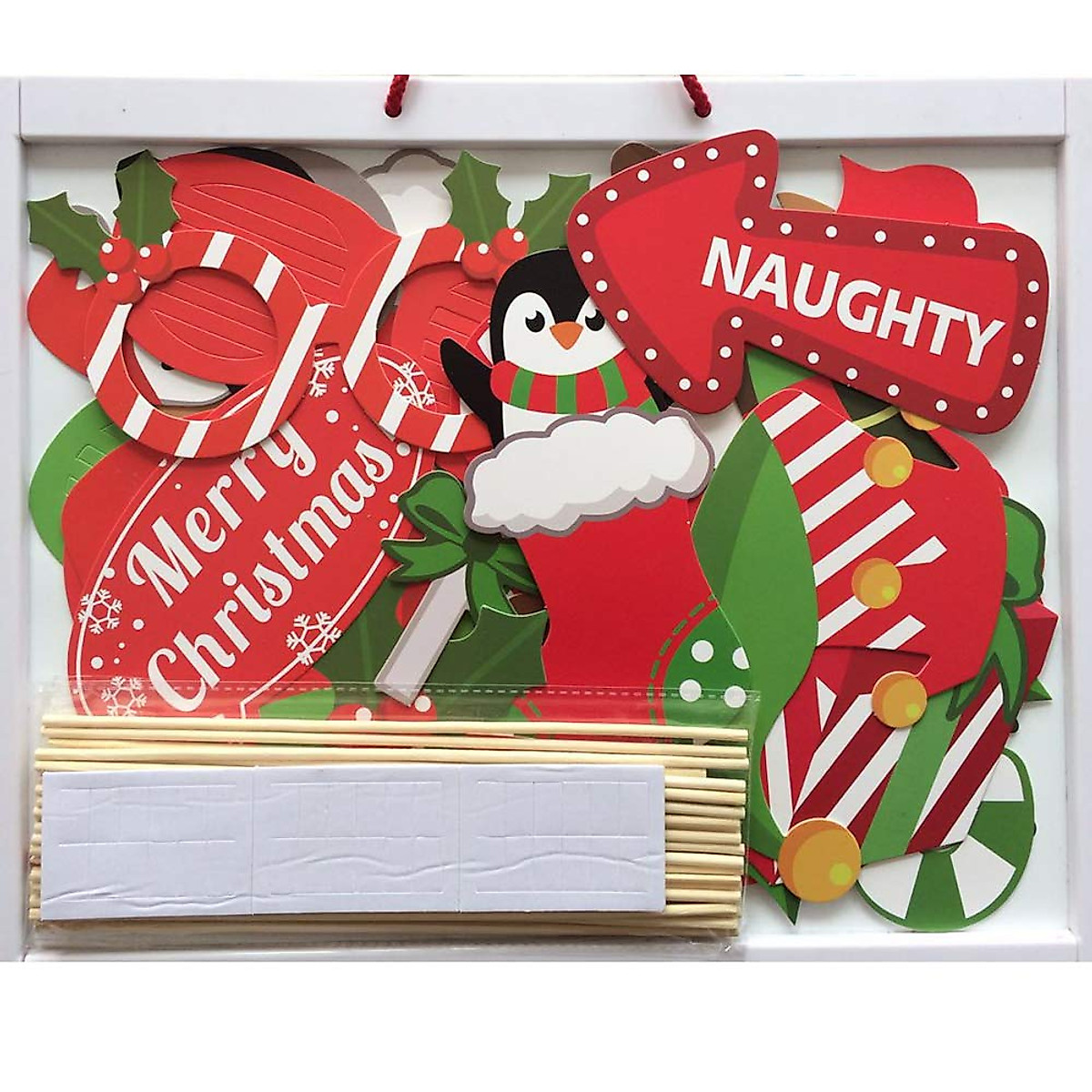 Christmas Photo Booth Props 32Pcs（Upgraded Version）, Merry Christmas Party Pose Sign, Red and Green Christmas Party Supplies Decorations for Kids Adults